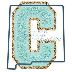 Aqua With Gold Glitter Varsity Letter and Number Patches Clip Art, PNG ...