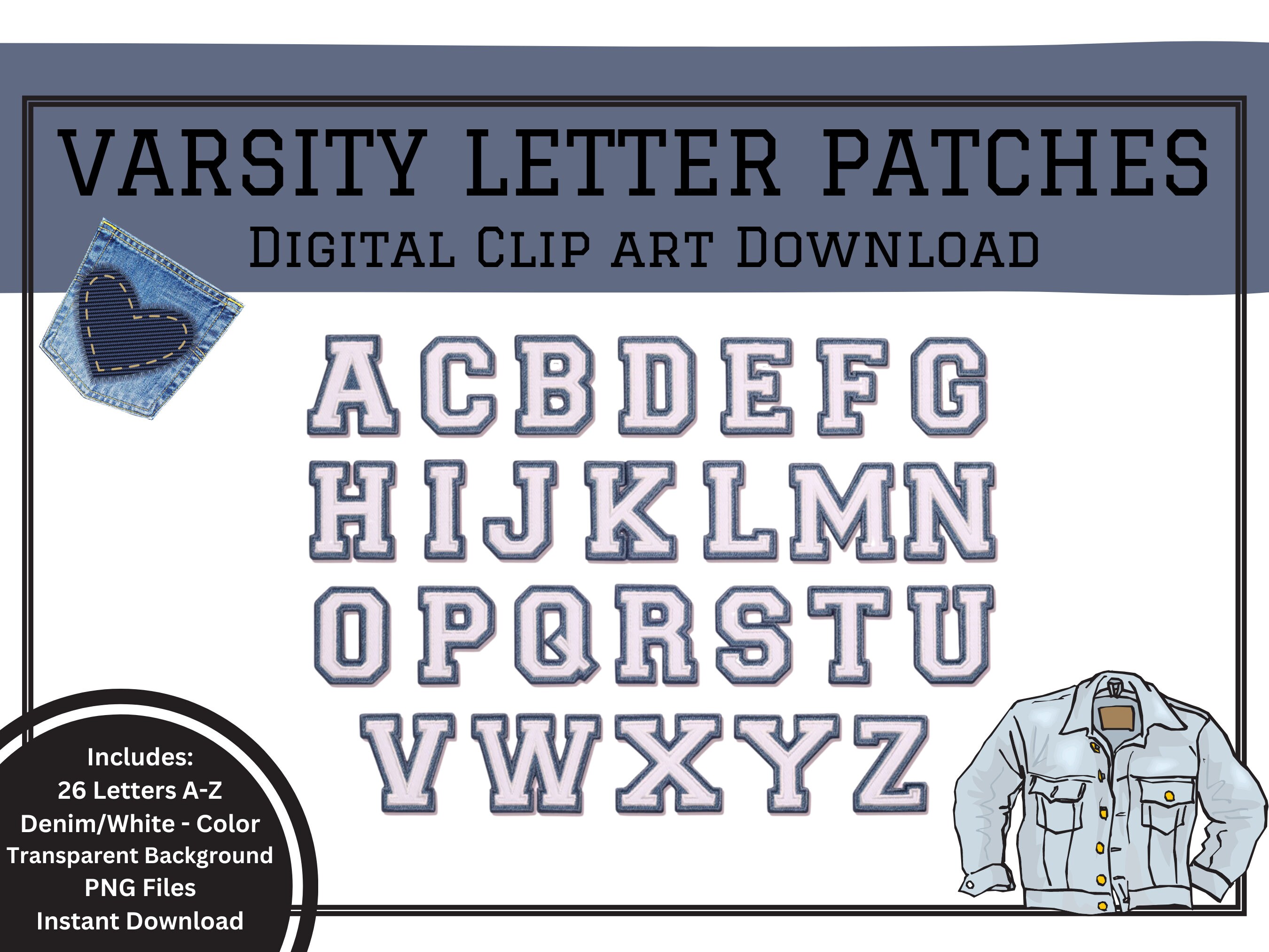 Denim Blue and White Varsity Letter Patches Clip Art - Etsy