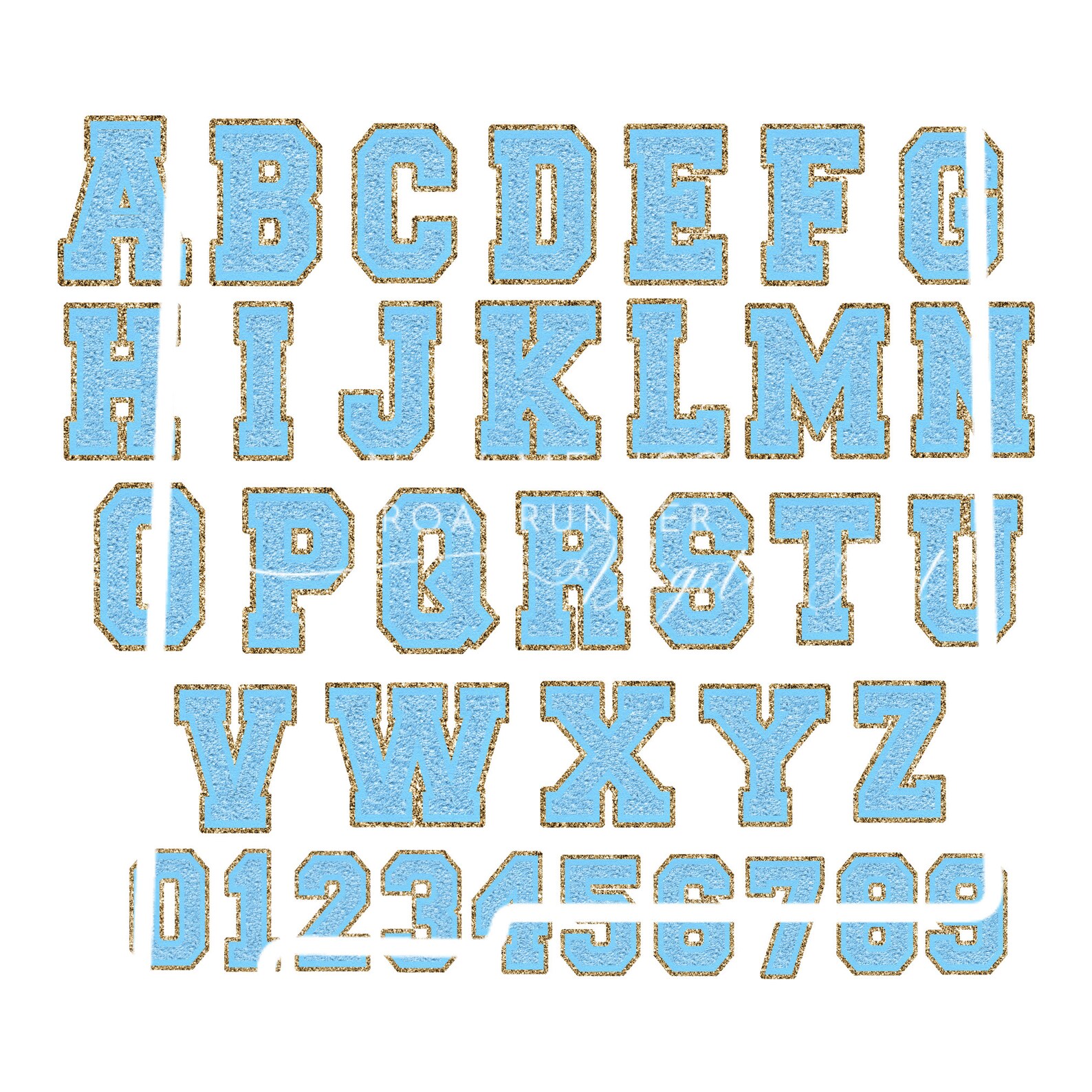 Sky Blue With Gold Glitter Varsity Letter and Number Patches Clip Art ...