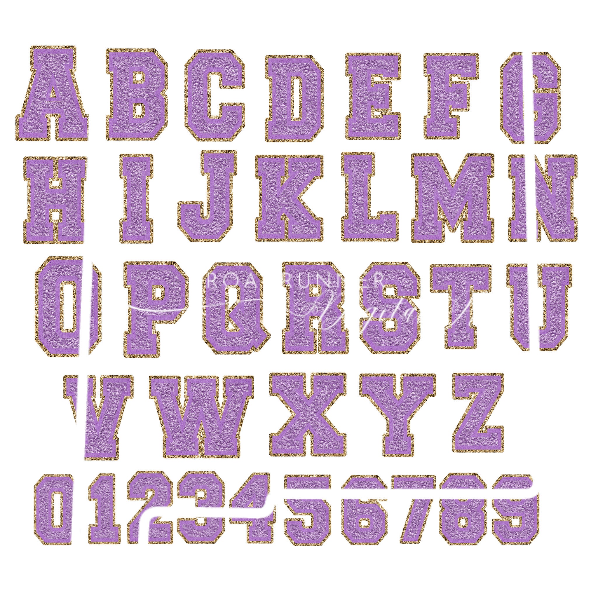 Purple With Gold Glitter Varsity Letter and Number Patches Digital ...