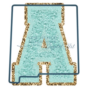 Aqua With Gold Glitter Varsity Letter and Number Patches Clip Art, PNG ...