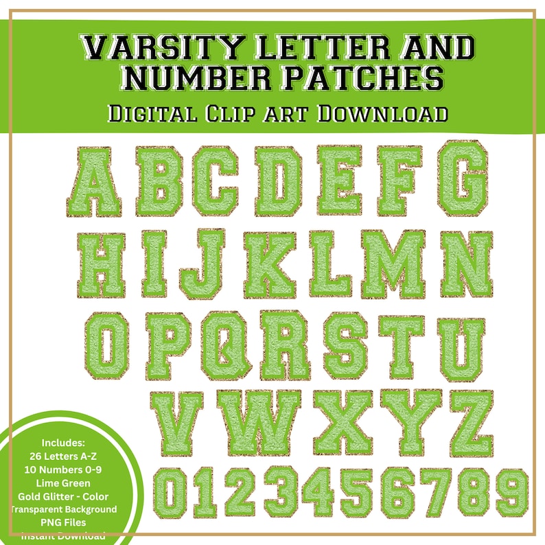 Bright Lime Green Varsity Letter and Number Patches Digital Download ...