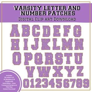 Purple With Gold Glitter Varsity Letter and Number Patches Digital ...
