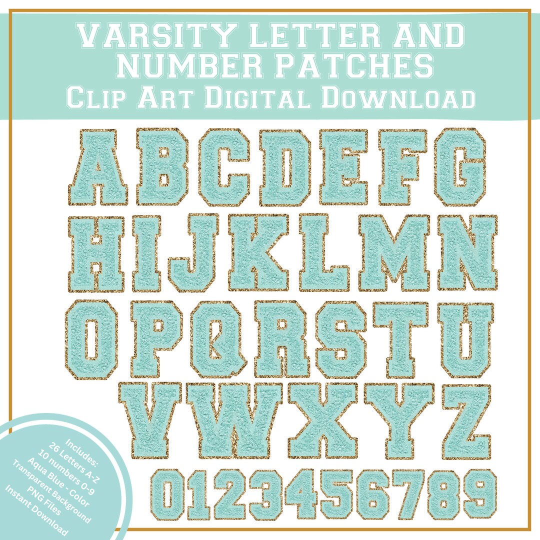 Aqua With Gold Glitter Varsity Letter and Number Patches Clip Art, PNG ...