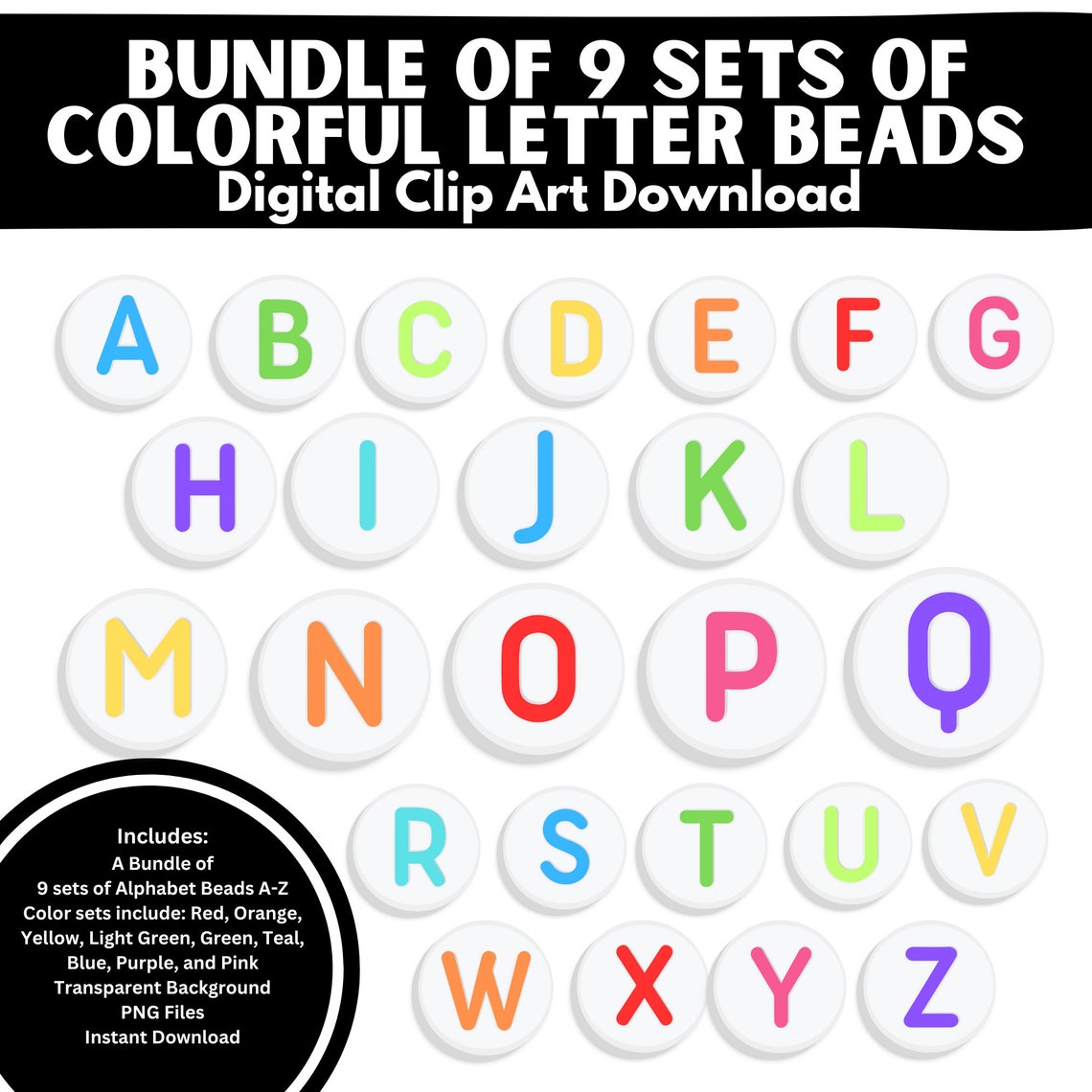 Bundle of 9 Sets of Multicolored Alphabet Letter Beads Clip Art Digital ...