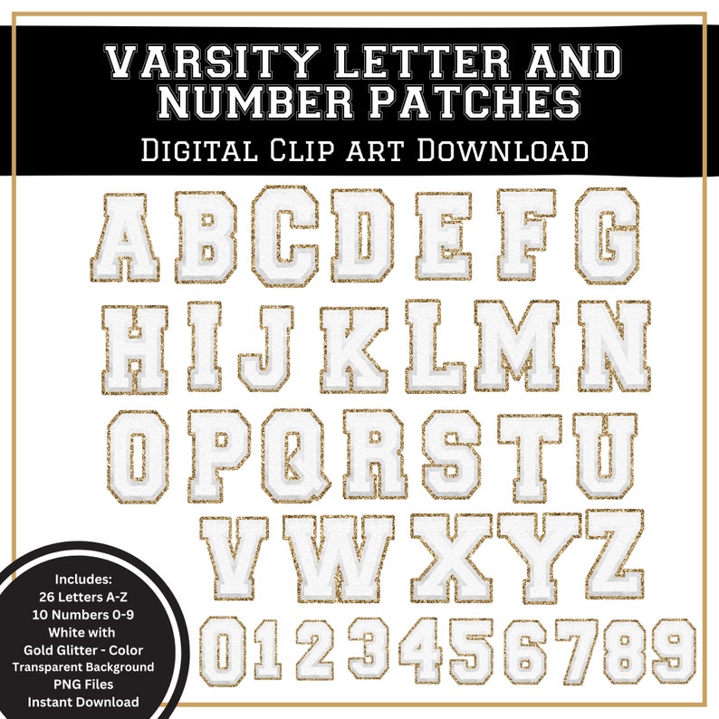 White With Gold Glitter Varsity Letter Patches Clip Art, PNG, Digital ...