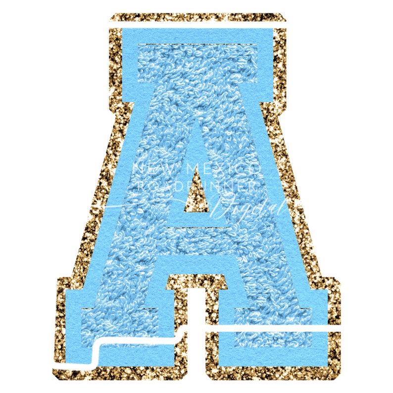 Sky Blue With Gold Glitter Varsity Letter and Number Patches Clip Art ...
