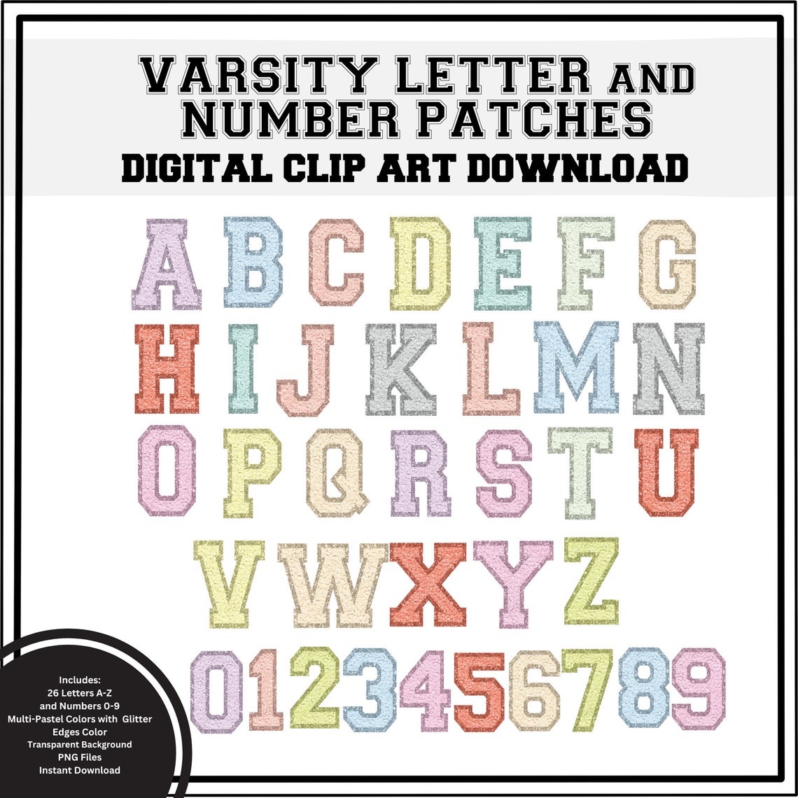 Pastel Color Varsity Letter and Number Clip Art Digital Download ...