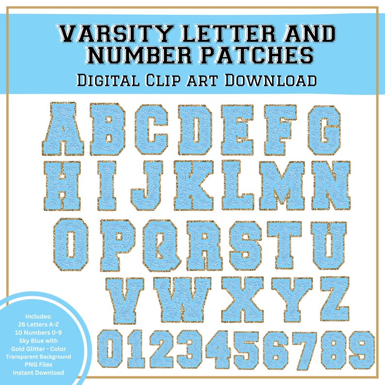 Sky Blue With Gold Glitter Varsity Letter and Number Patches Clip Art ...