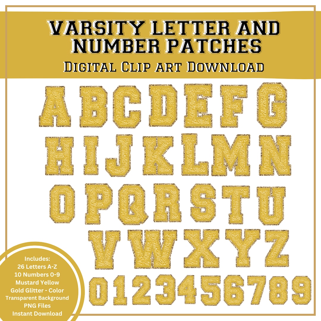 Mustard Yellow Varsity Letter and Number Patches Clip Art Digital ...