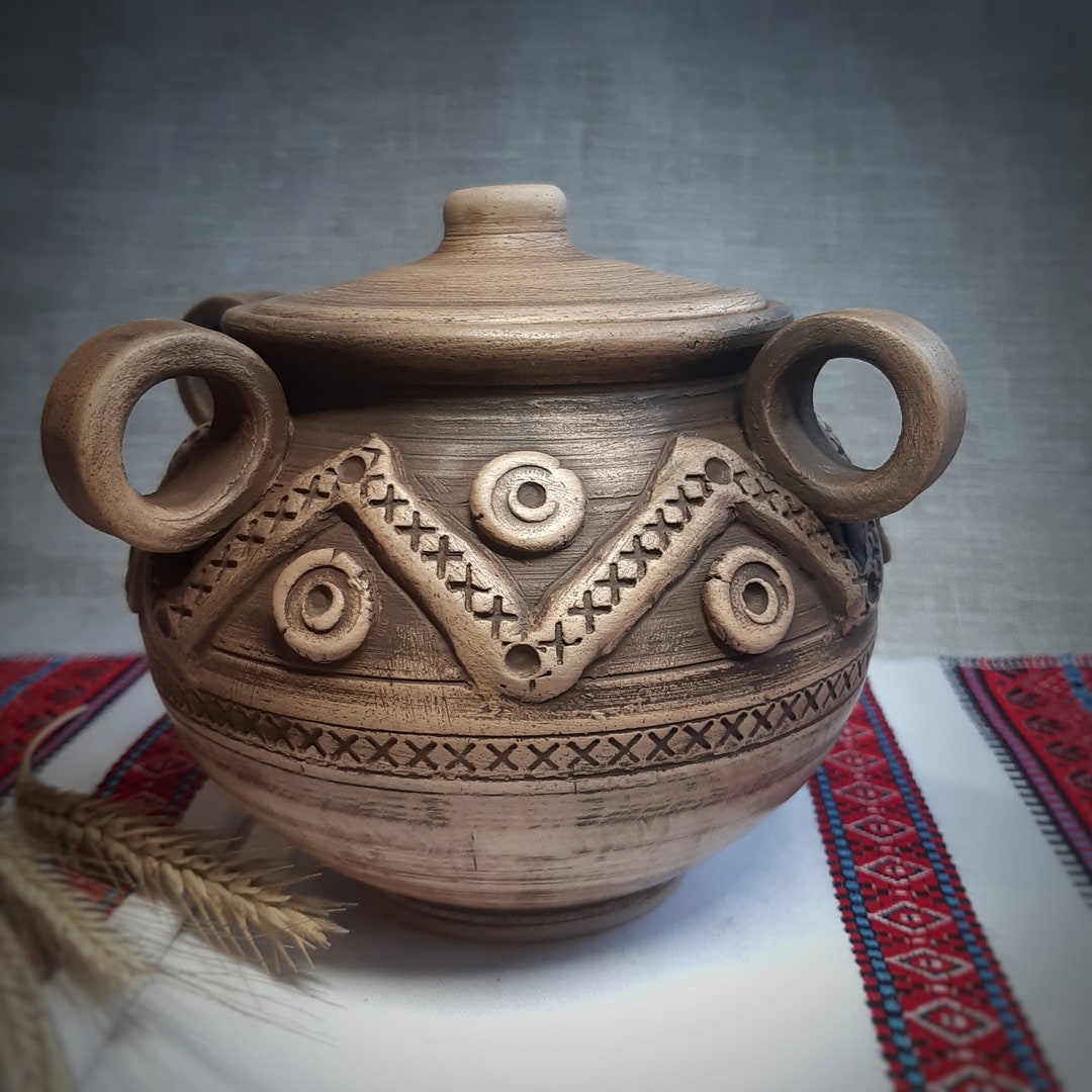 Slavic Folk Art, Rustic Pottery Pots With Lid and Handles 3L/ 101.4 Fl ...