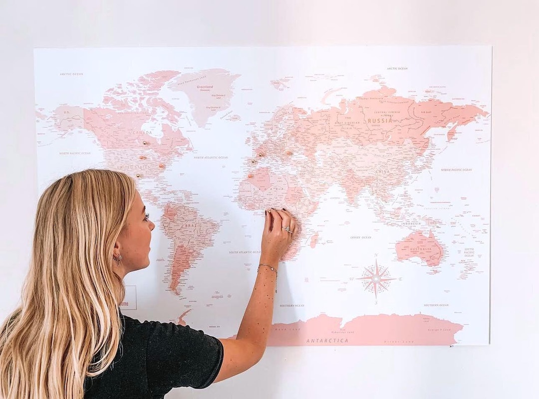 Pink Push Pin World Map, Personalized Travel Map, Cork Board Wall Art ...
