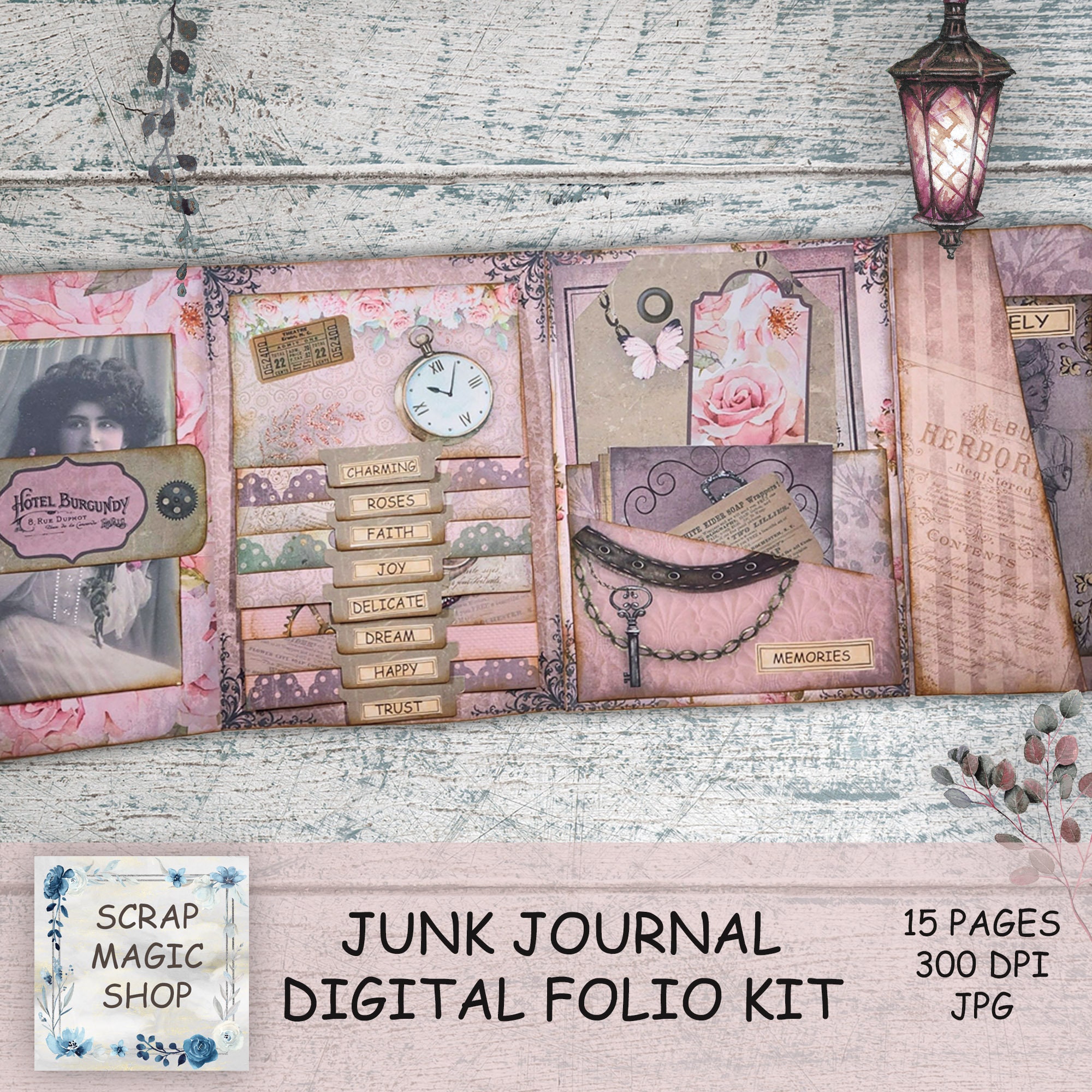 Junk Journal Folio Kit, Vintage Loaded Folder, Roses Printables, Pink Collage Sheets, Instant ...