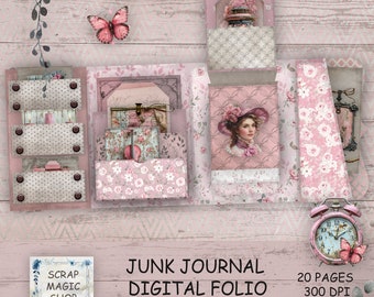 Junk Journal Folio Kit, Vintage Loaded Folder, Roses Printables, Pink