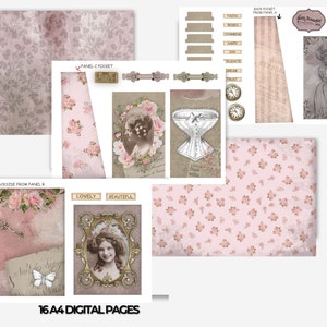 Junk Journal Folio Kit, Vintage Loaded Folder, Roses Printables, Pink Collage Sheets, Instant ...