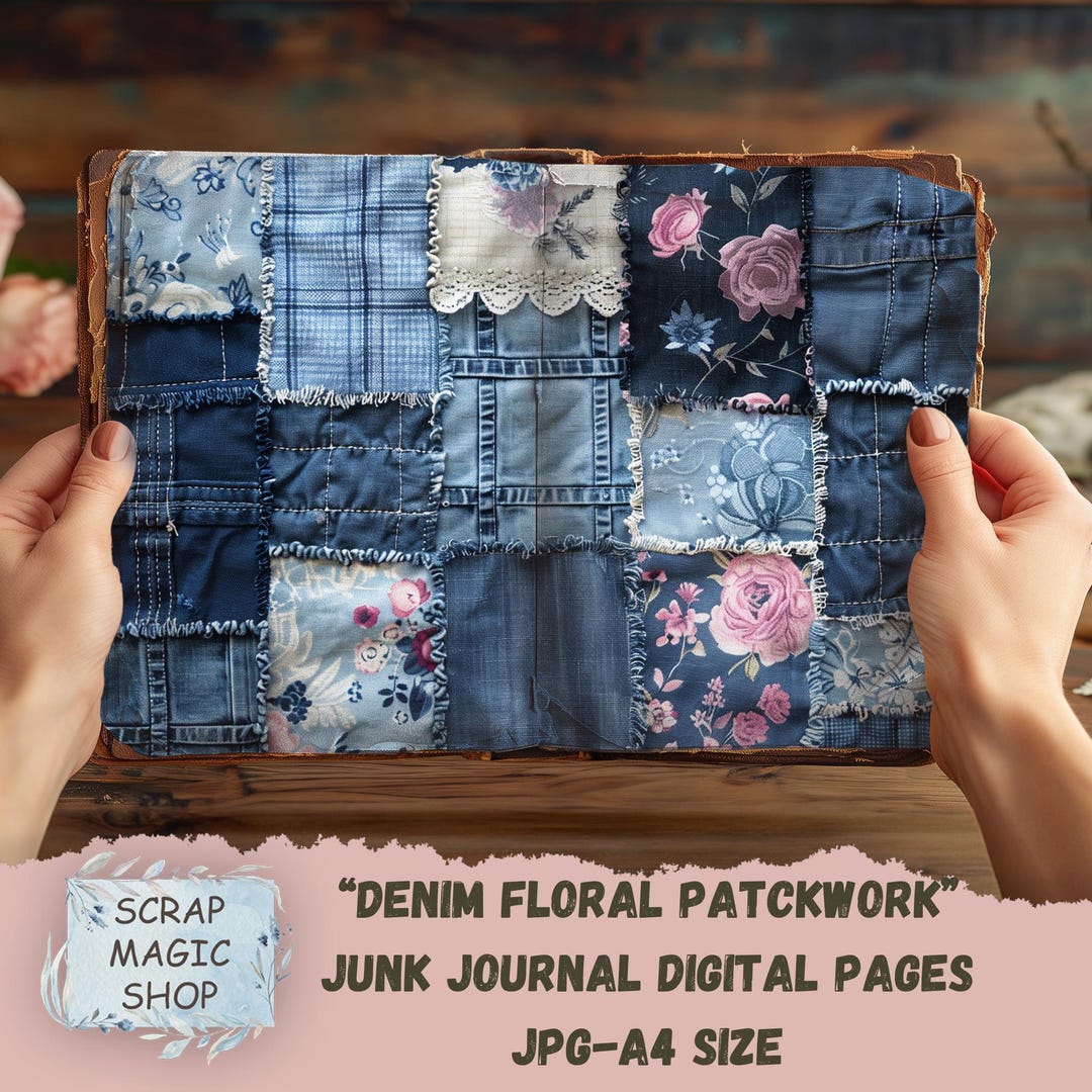Denim Floral Patchwork, Lace Junk Journal Kit, Digital Download ...