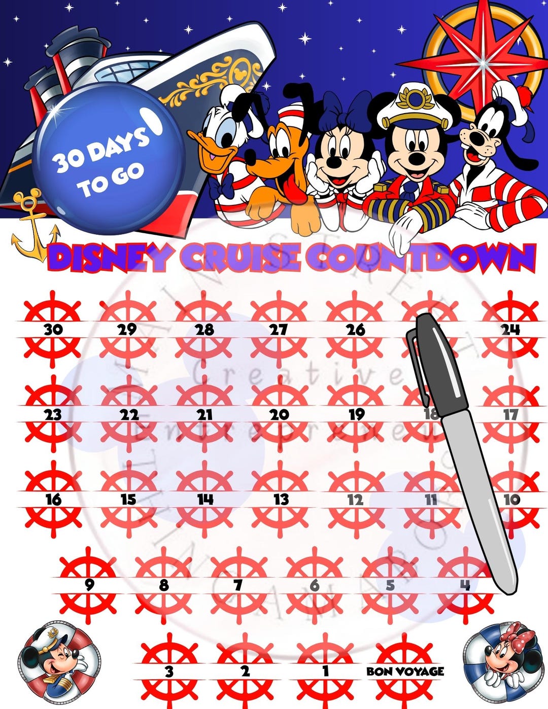 Disney Cruise Countdown Calendar Printable | Nautical Theme With Mickey ...