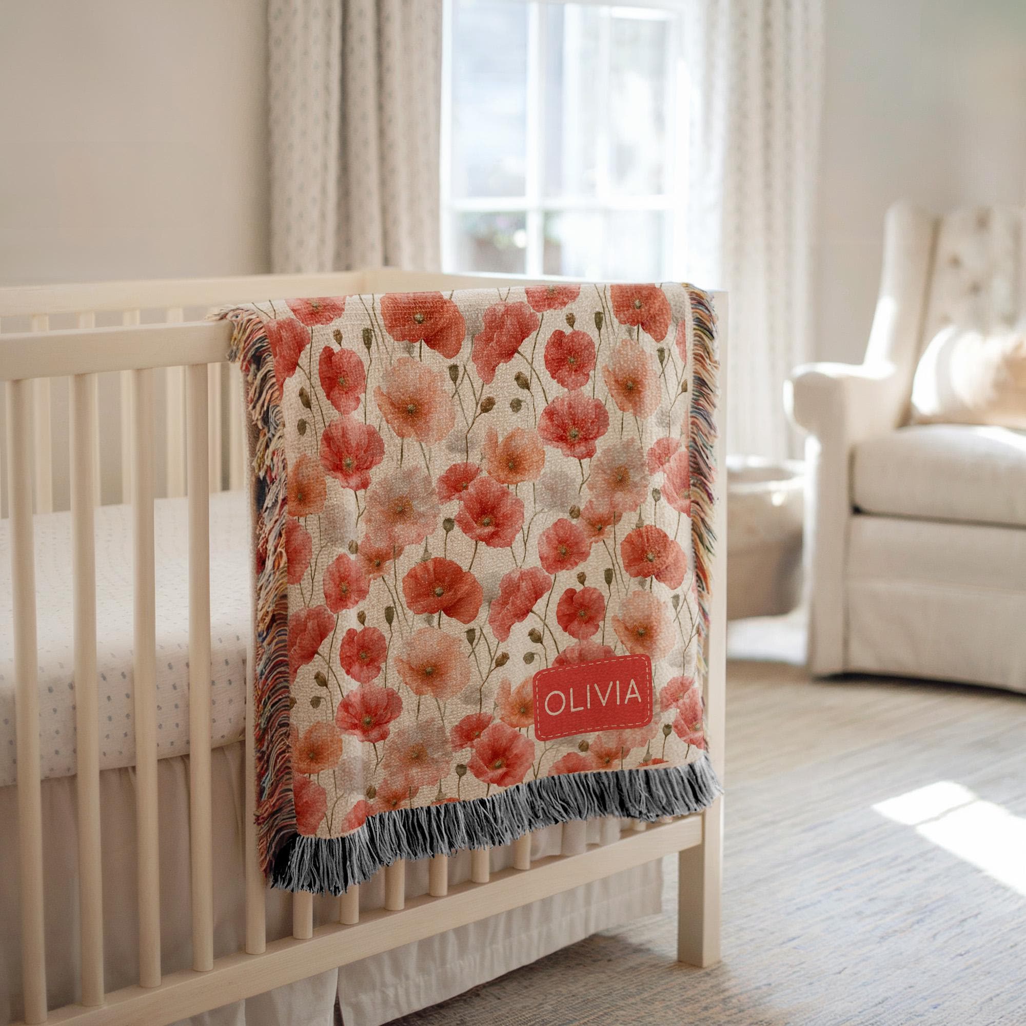 Personalized Red Poppy Baby Blanket, Custom Name Wildflower Floral ...