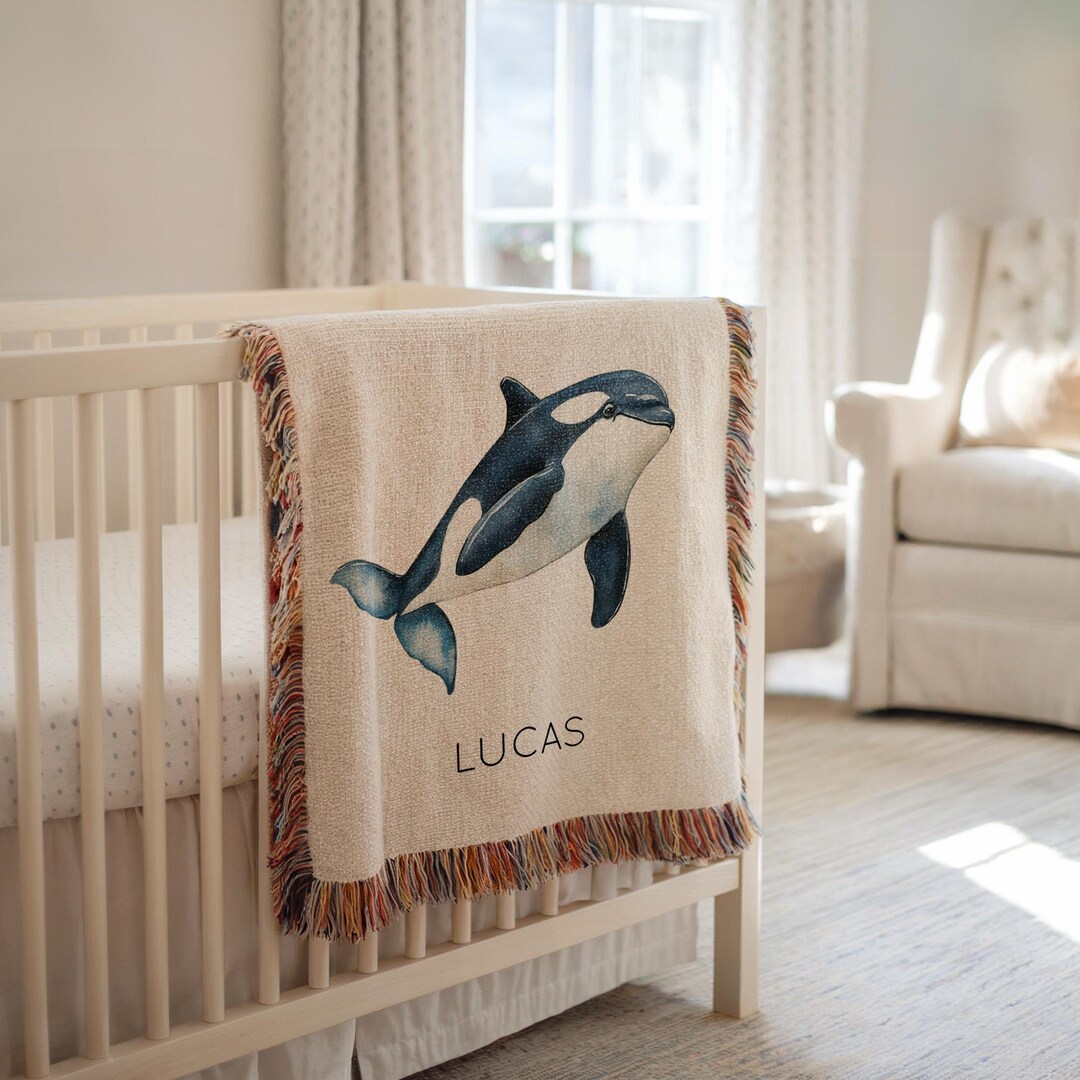 Personalized Orca Whale Baby Blanket, Custom Ocean Themed Woven Name ...