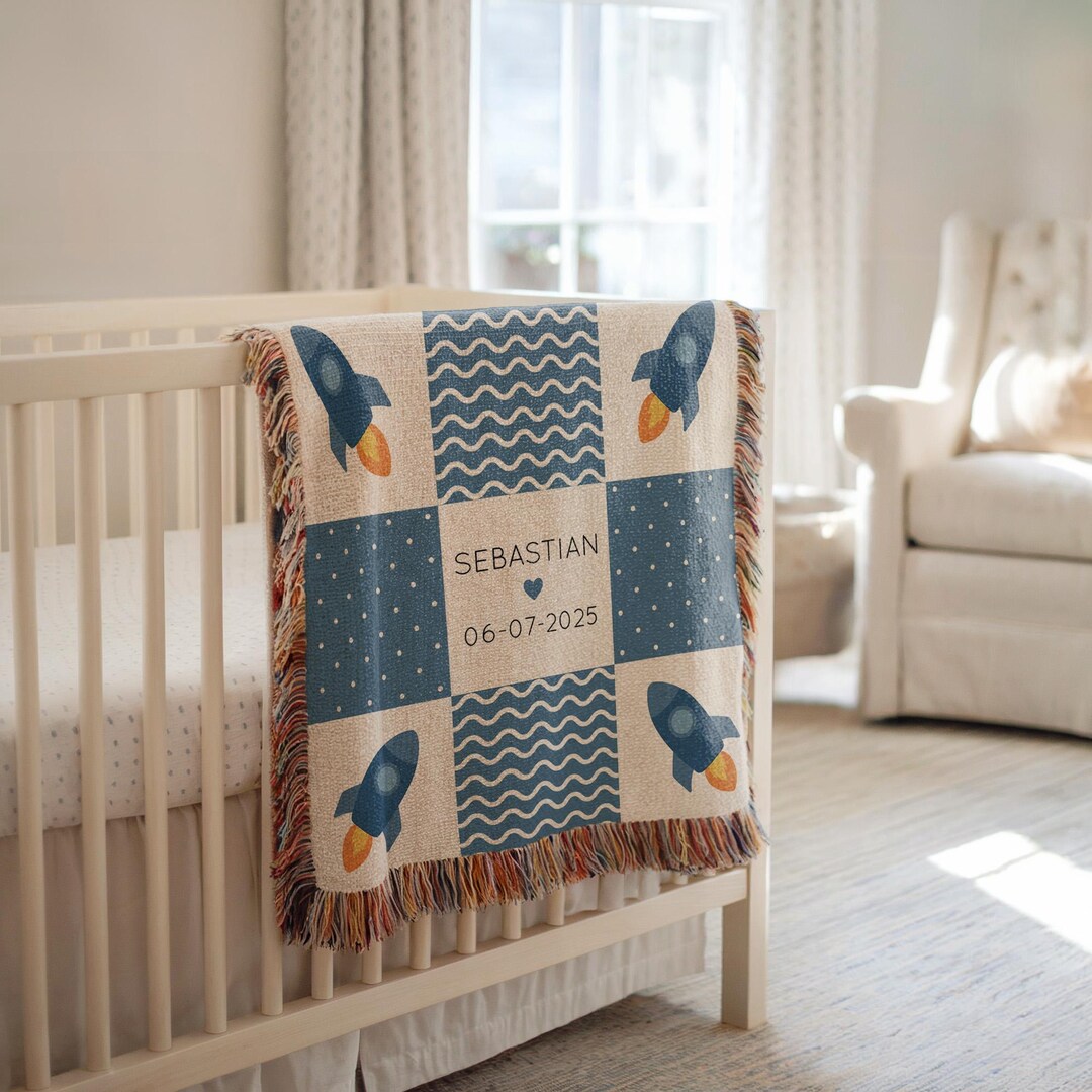 Personalized Blue Rocket Baby Blanket, Space Crib Quilt With Name and ...