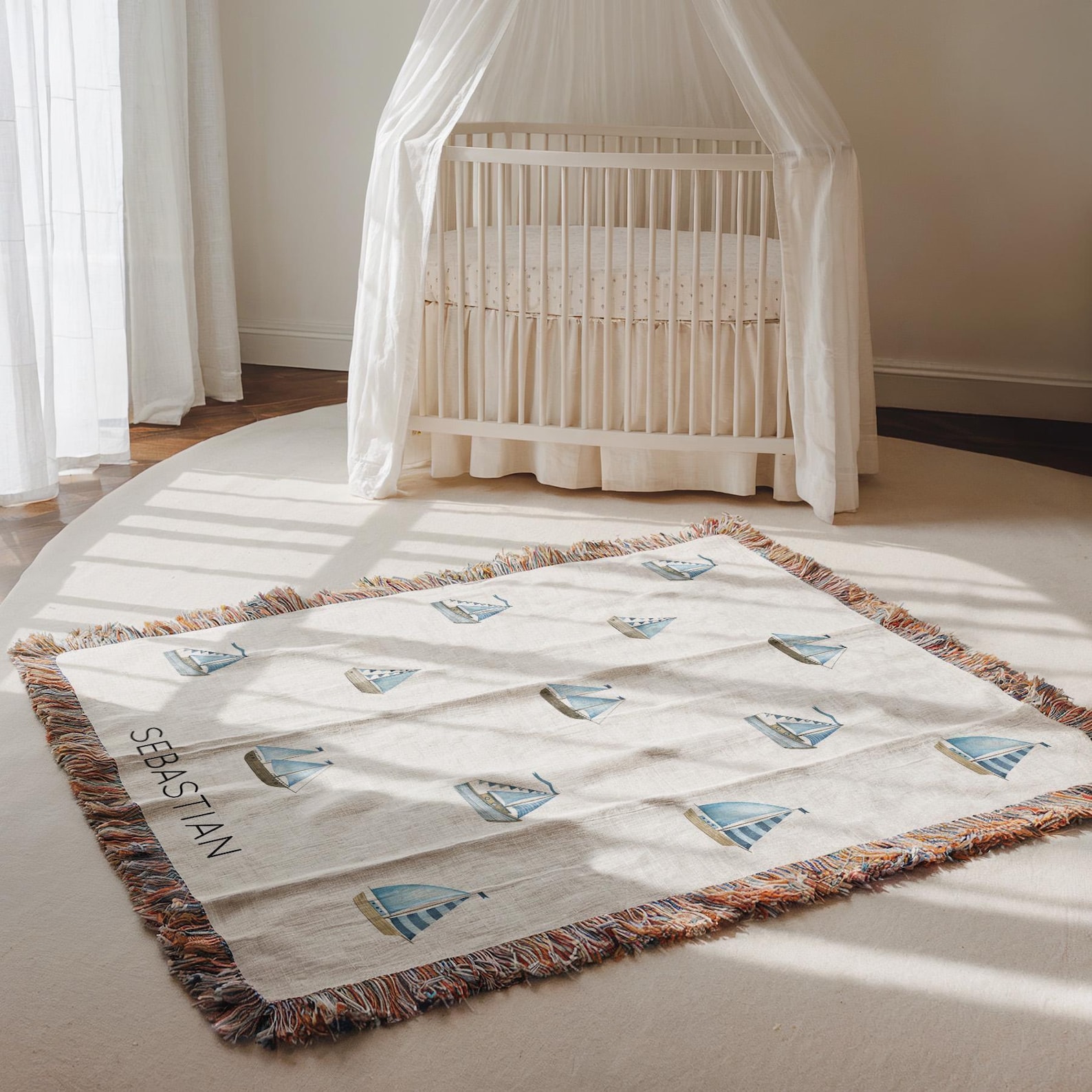 Personalized Sailboat Baby Blanket, Custom Nautical Crib Throw, Blue ...