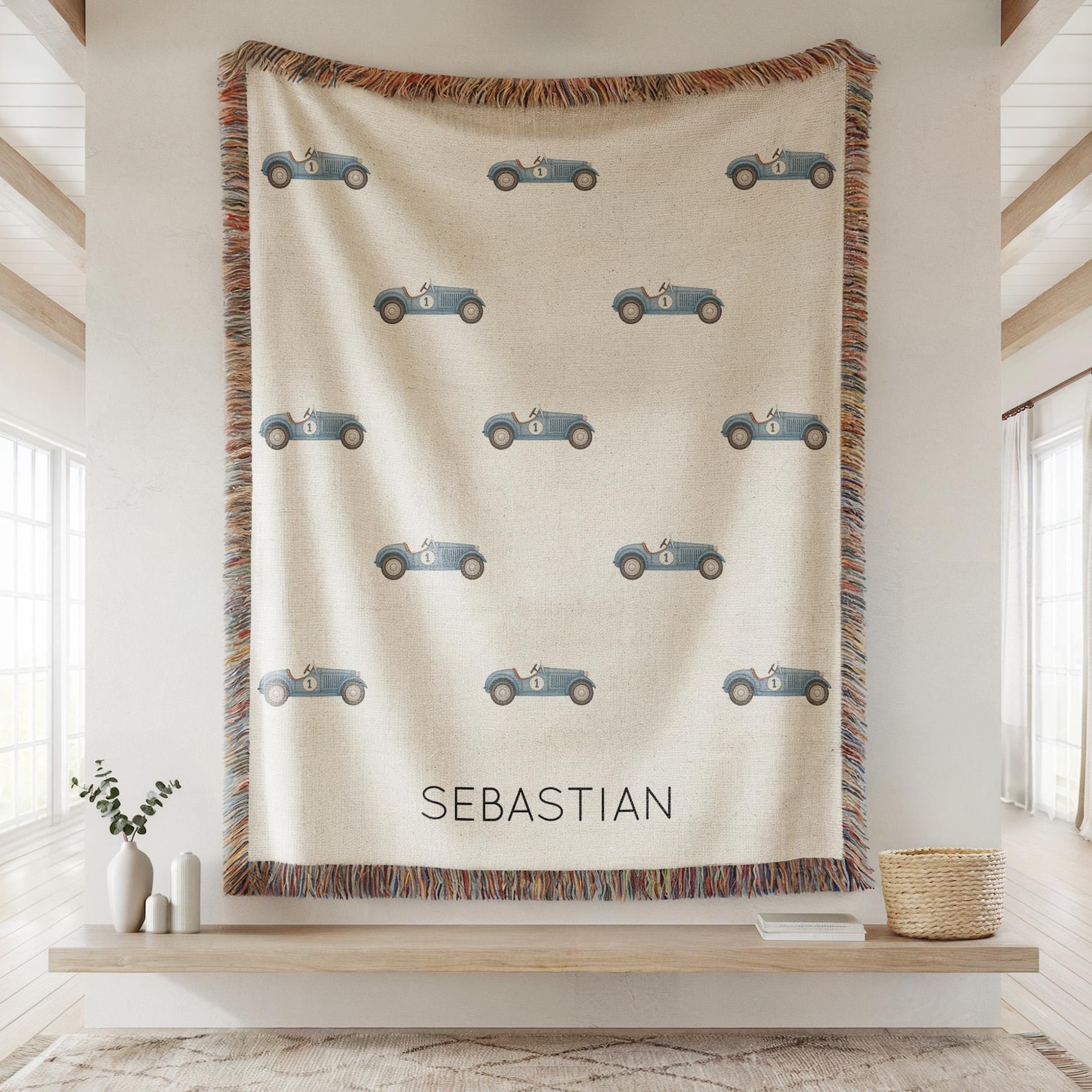 Personalized Blue Vintage Race Car Baby Blanket, Custom Race Car Name ...