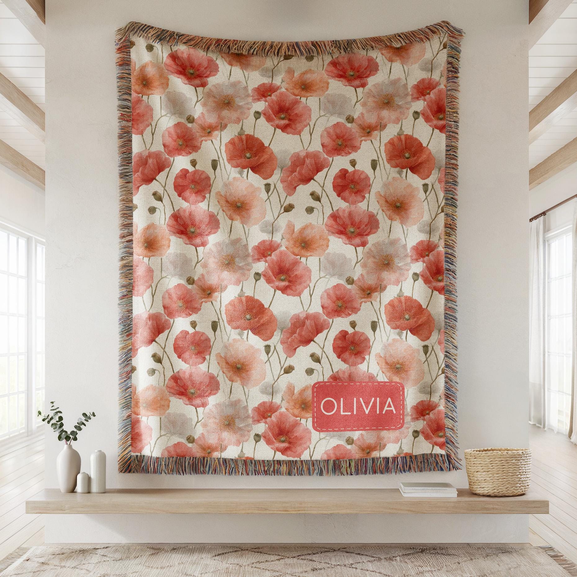 Personalized Red Poppy Baby Blanket, Custom Name Wildflower Floral ...