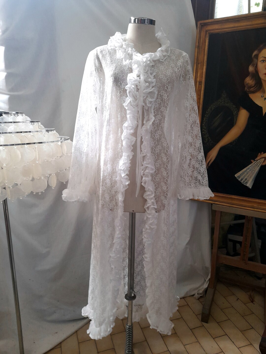 Vintage 70's White Floral Lace Semi Sheer Peignoir, Robe With Long ...