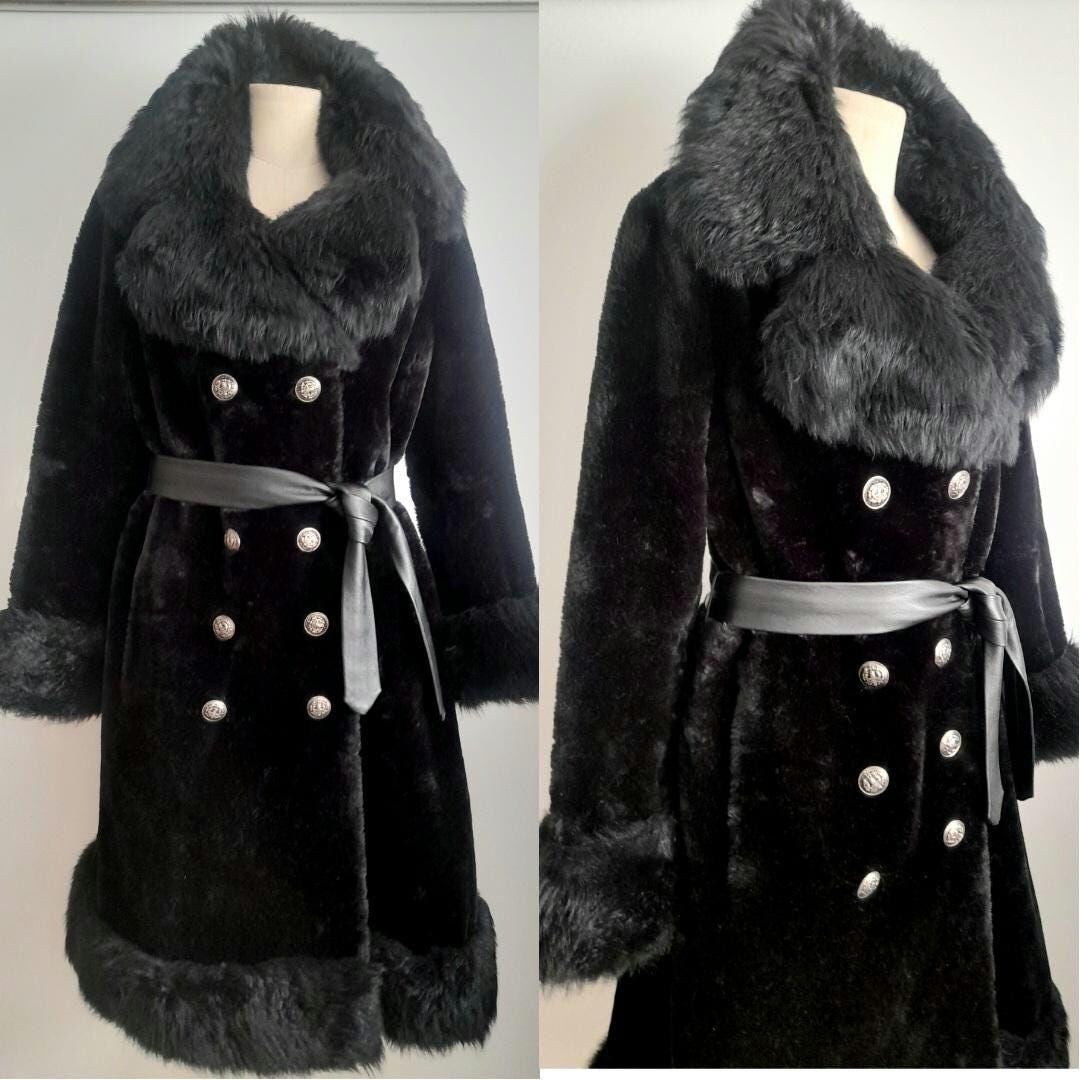 Vintage 70's Black Faux Fur Coat With Luxurious Shearling Collar, Hem ...