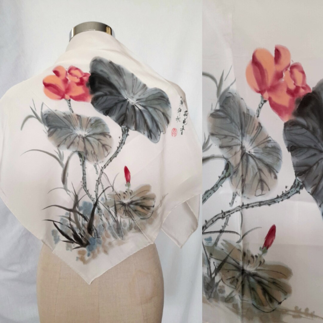 Beautiful Vintage Japanese Hand Painted Silk Scarf, Signed, Handrolled ...