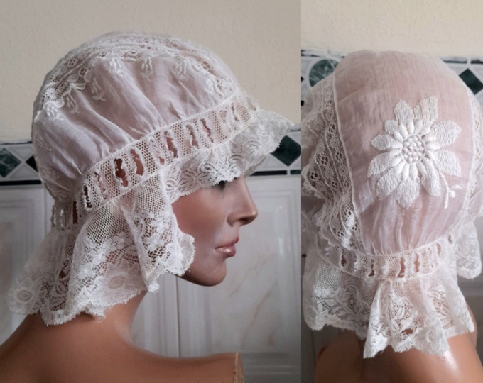 Antique 1900s Beautiful Embroidered Boudoir Cap, Bonnet, With ...