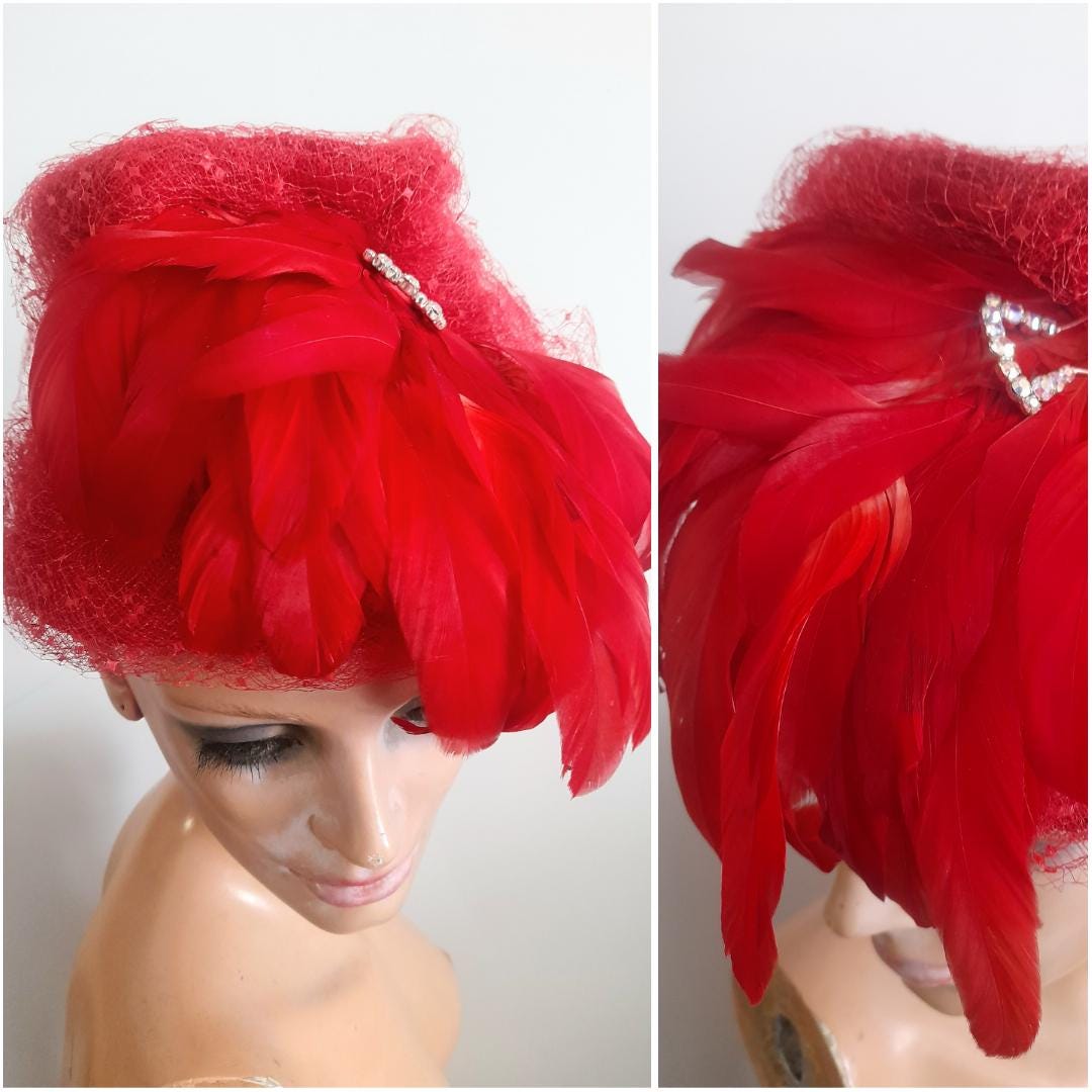 Vintage Red Feather Hat: 1950s-60s Party Headwear - Etsy