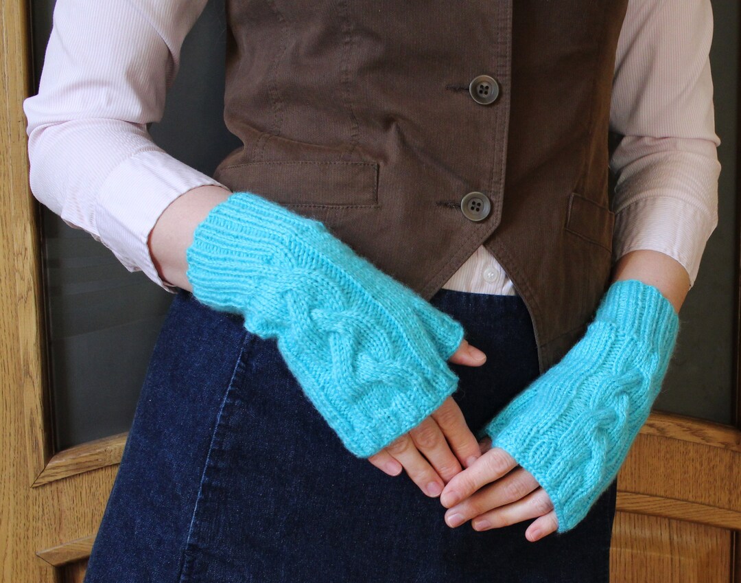 Hand Knitted Cyan Fingerless Gloves: Cable Knit Wool Mittens - Etsy