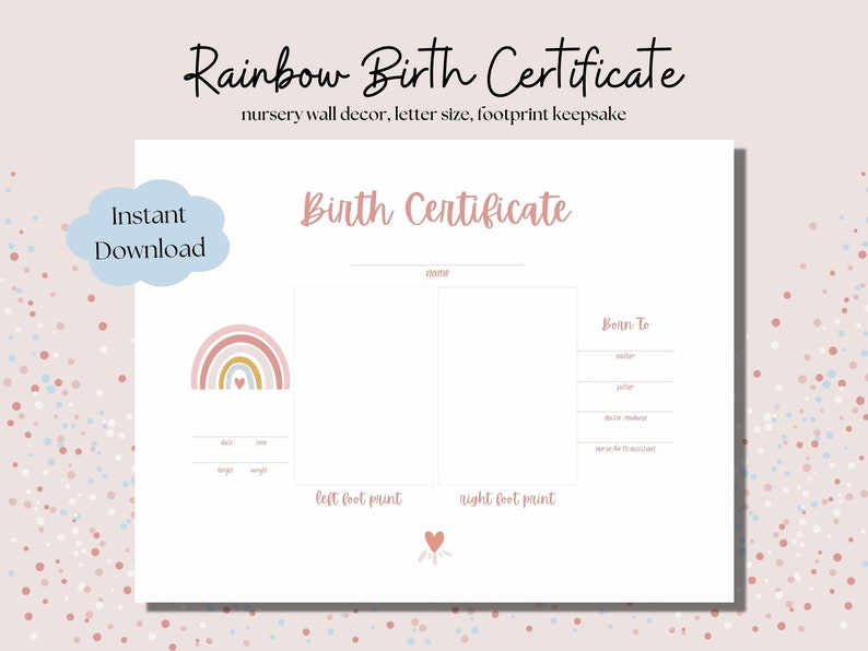 Rainbow Nursery Decor, Printable Birth Certificate Keepsake With ...