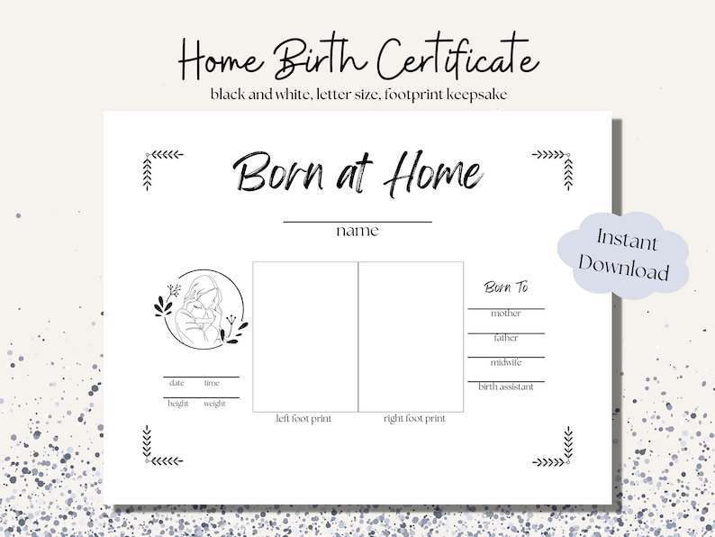 Printable Birth Certificate for Home Birth, Keepsake With Footprints or ...