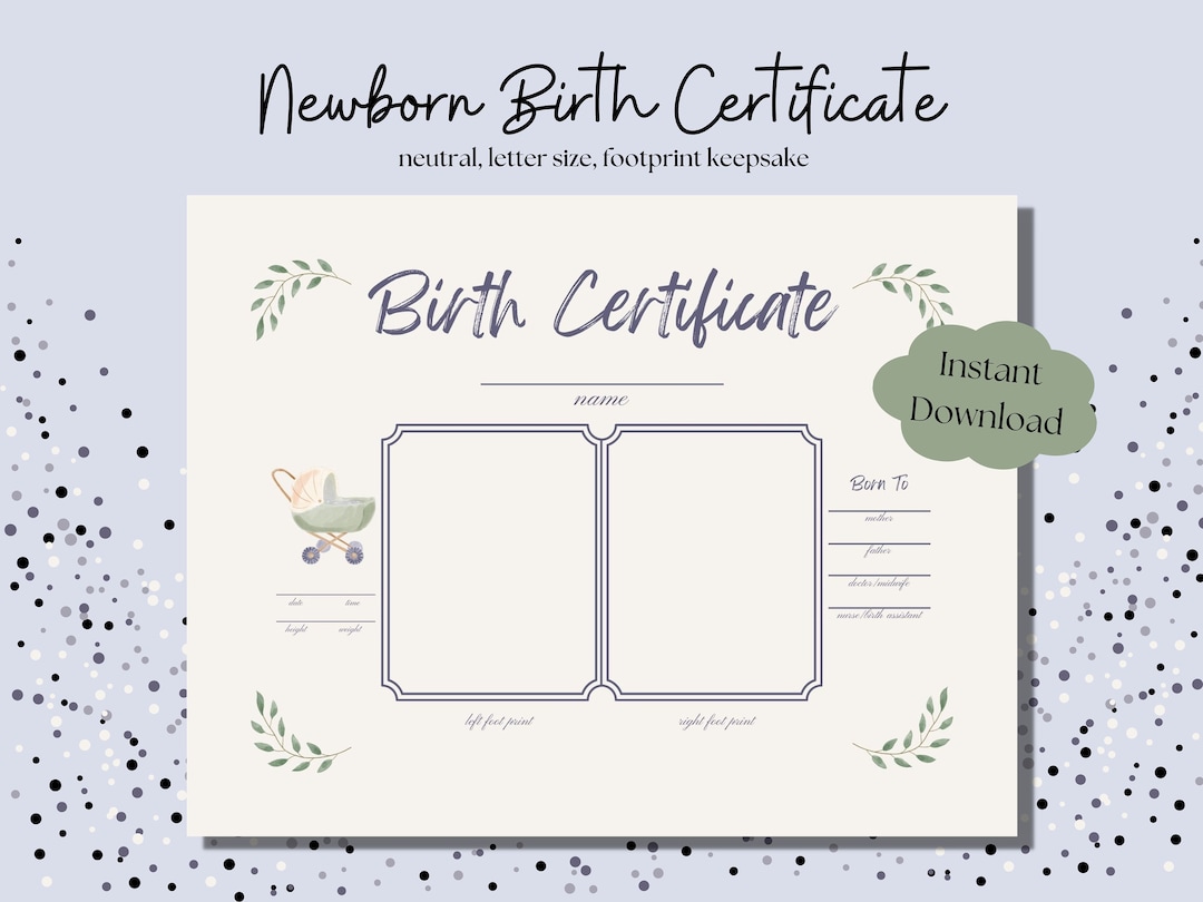 Newborn Birth Certificate Keepsake With Footprints, Printable, Neutral ...