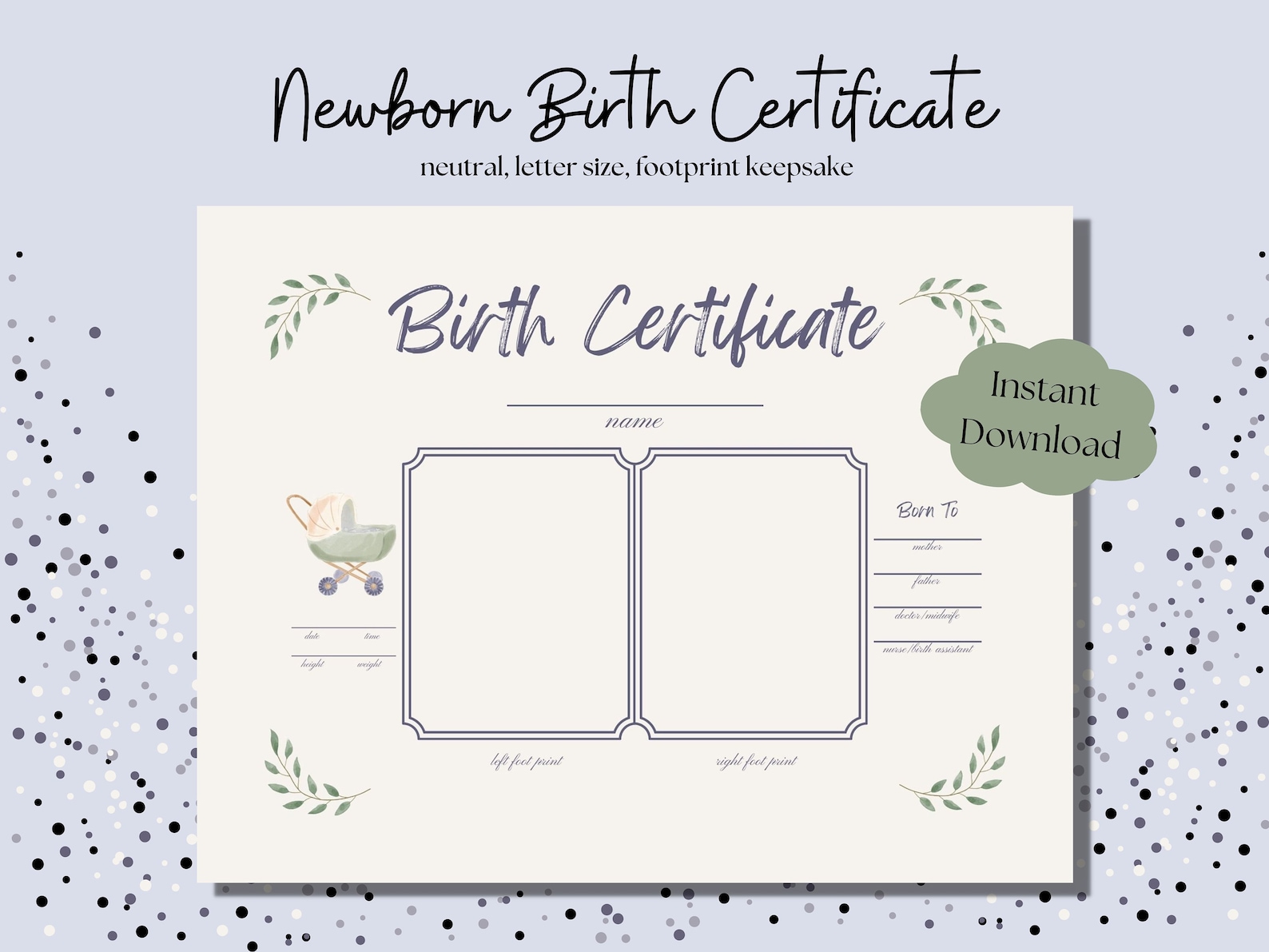 Newborn Birth Certificate Keepsake With Footprints, Printable, Neutral ...