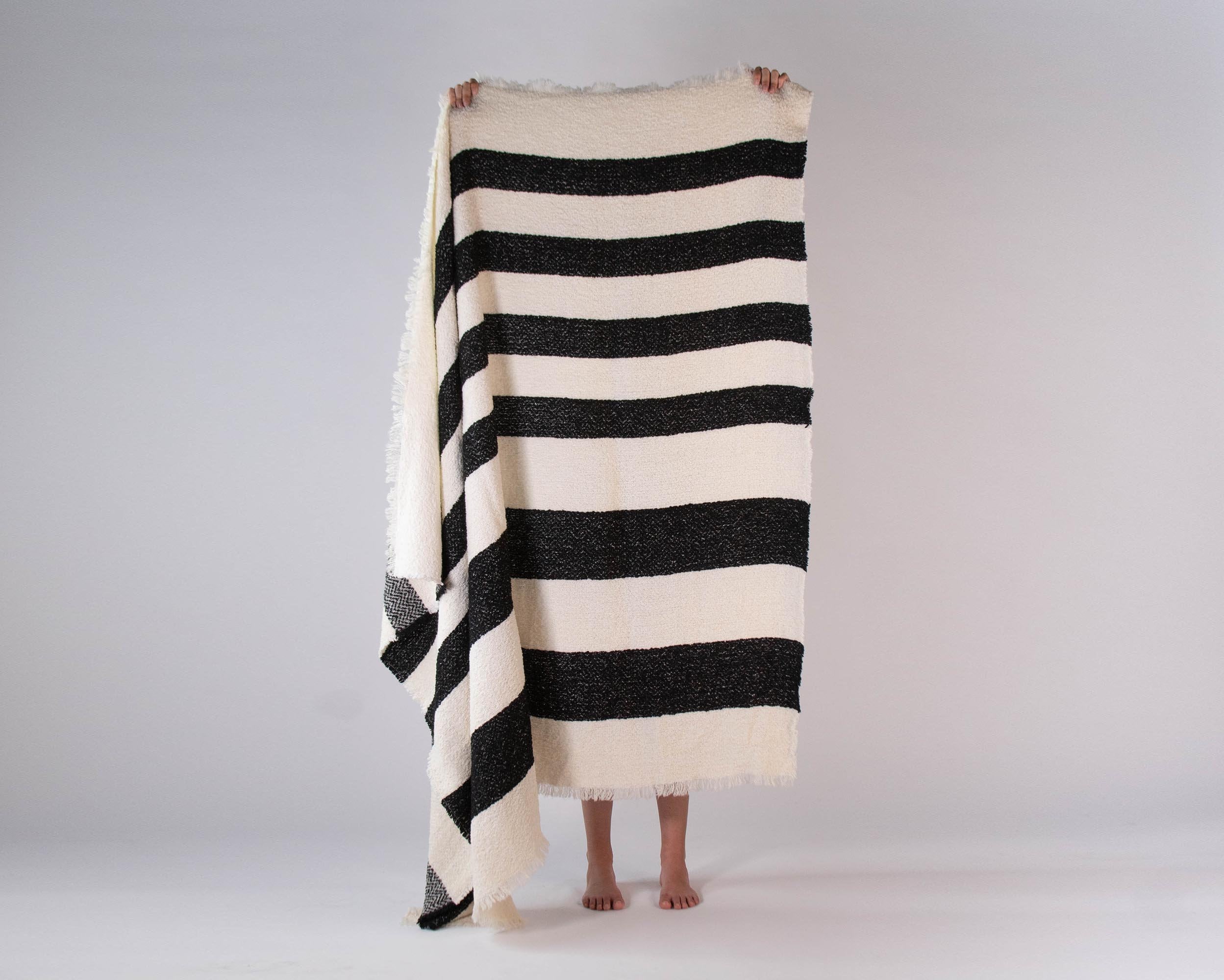 BOUCLE THROW BLACK Wool Blanket Striped Design Textured - Etsy