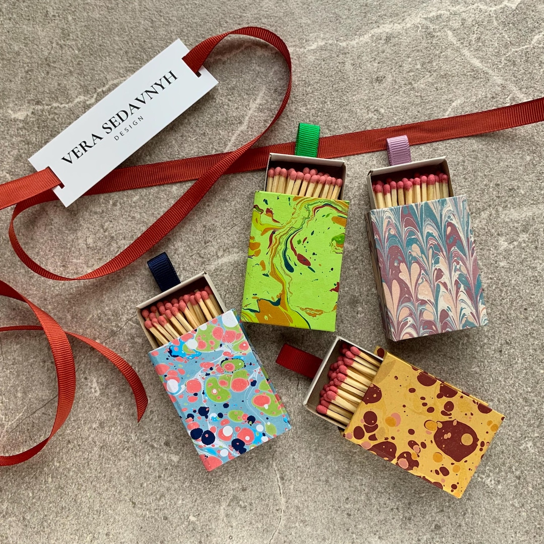 Hostess Gifts, Matches, Set of 4 Matcboxes Decorated With Hand Marbled ...