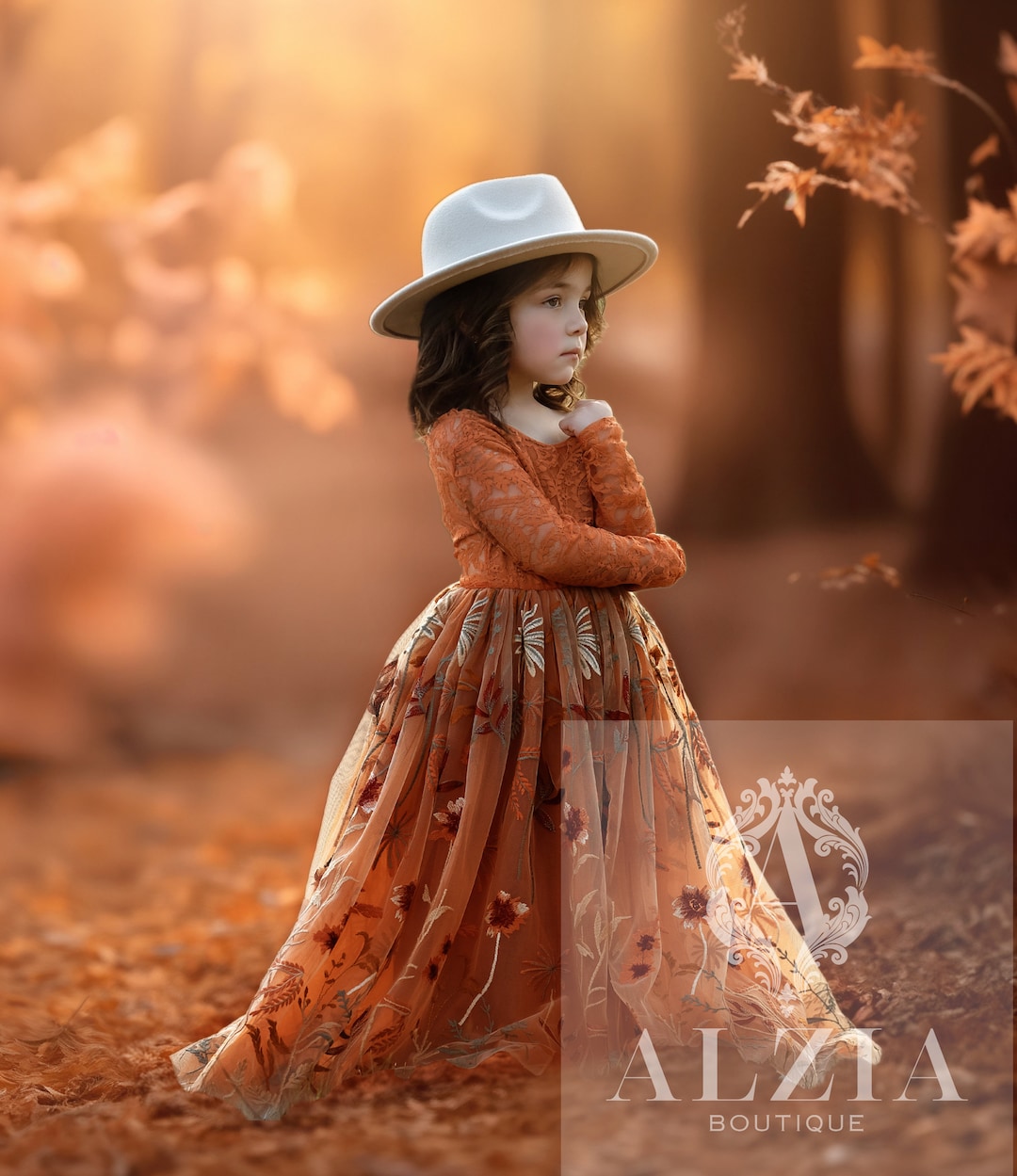 Burnt Orange Floral Embroidered Tulle Flower Girl Dress, Fall Girls ...