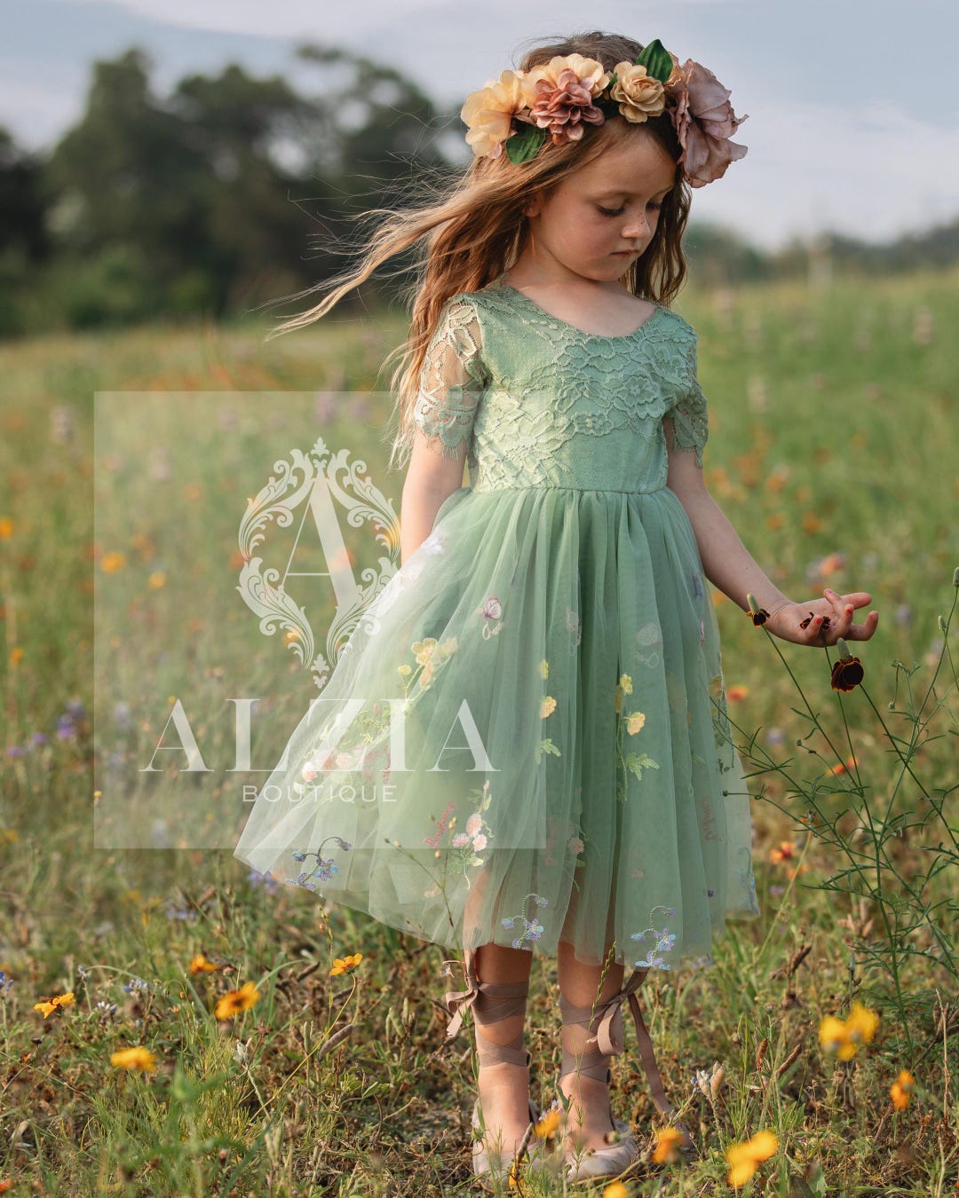 Sage Green Flower Girl Dress – Knee Length – Script Embroidered Tulle ...