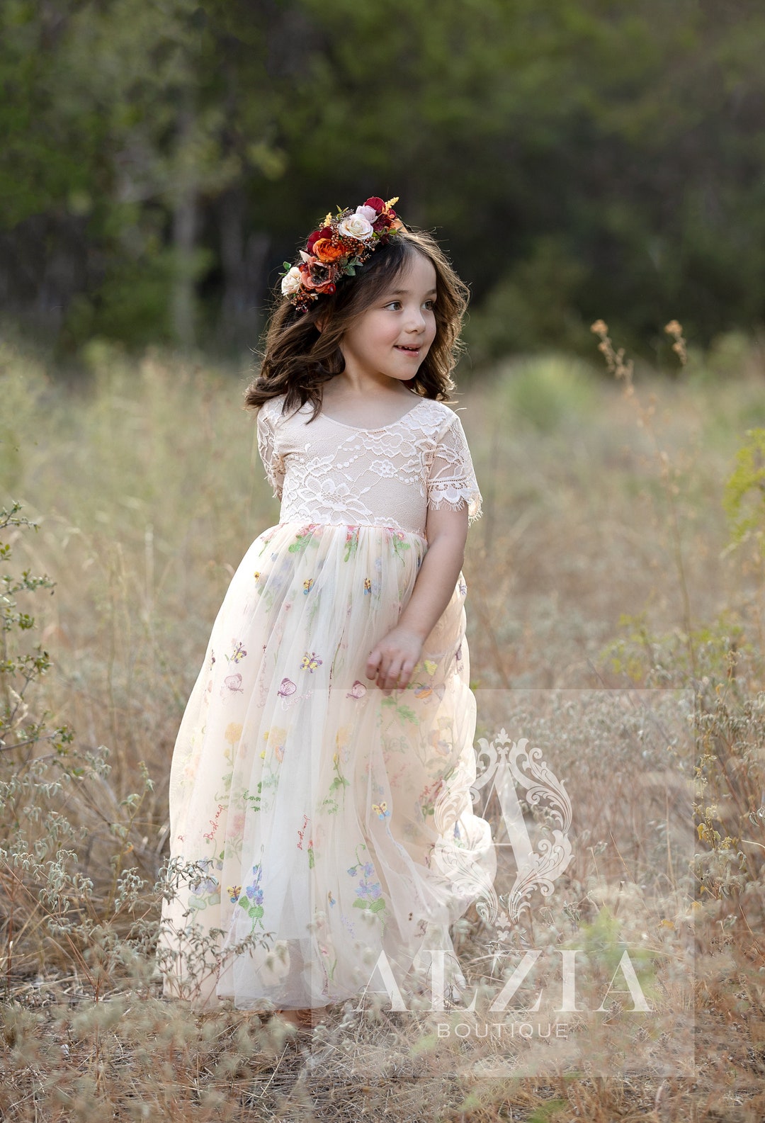 Floral Embroidered Tulle Flower Girl Dress, Easter Girls Dress, Spring ...