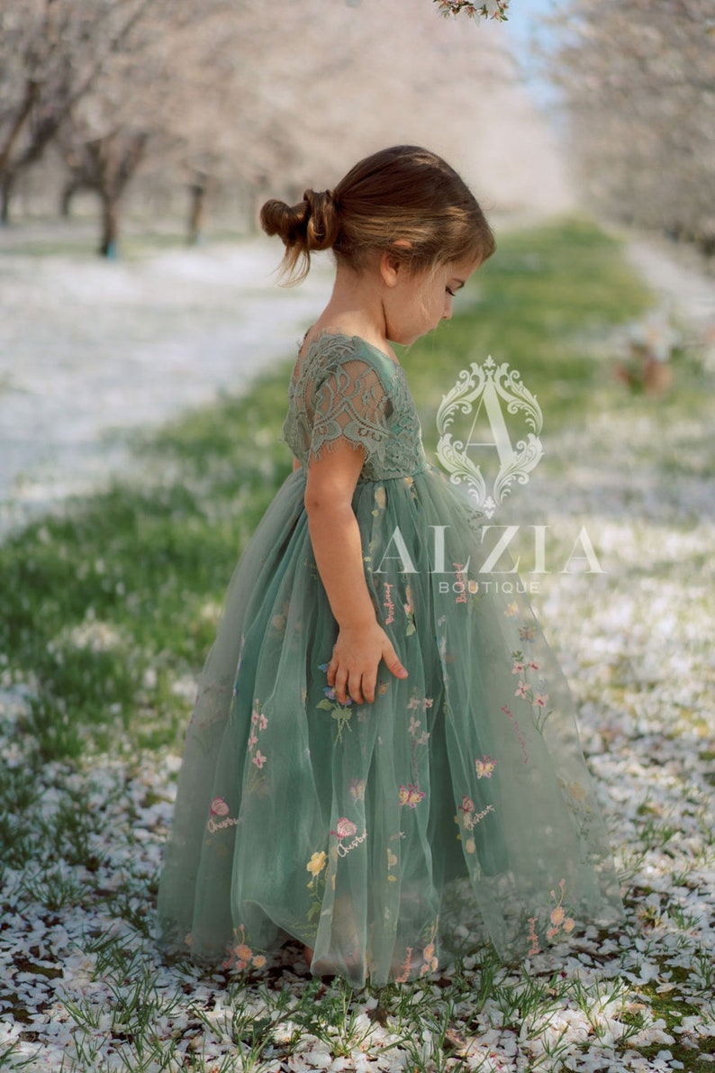 Sage Green Floral Embroidered Tulle Flower Girl Dress Easter Etsy Canada