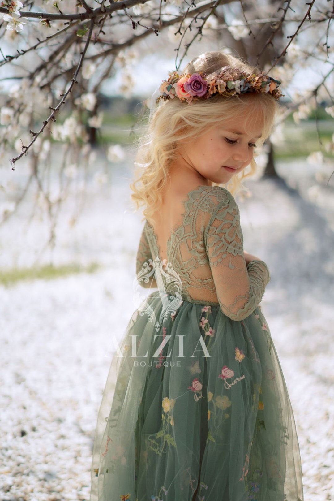 Long Sleeves Floral Embroidered Tulle Flower Girl Dress Easter Girls