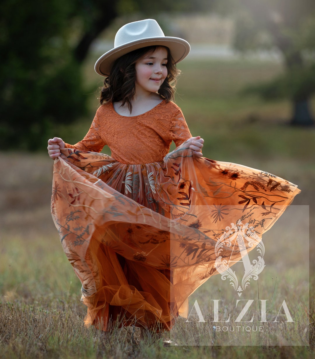 Burnt Orange Floral Embroidered Tulle Flower Girl Dress, Fall Girls ...