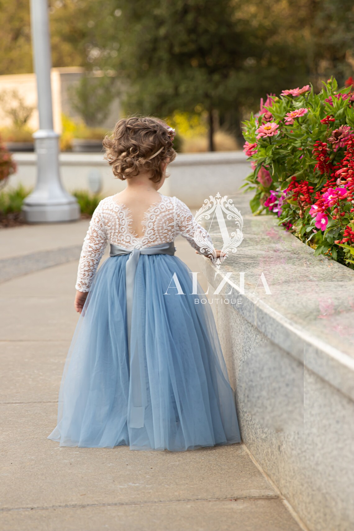 Dusty Blue Lace Flower Girl Dress Lace Back Dress Lace Etsy
