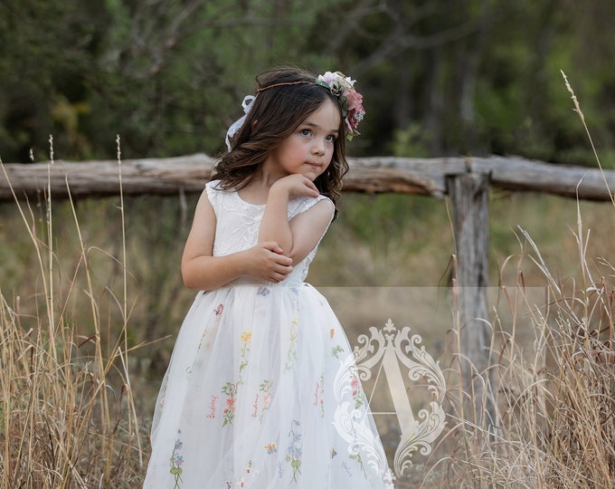 Floral Embroidered Tulle Flower Girl Dress, Easter Girls Dress, Spring ...