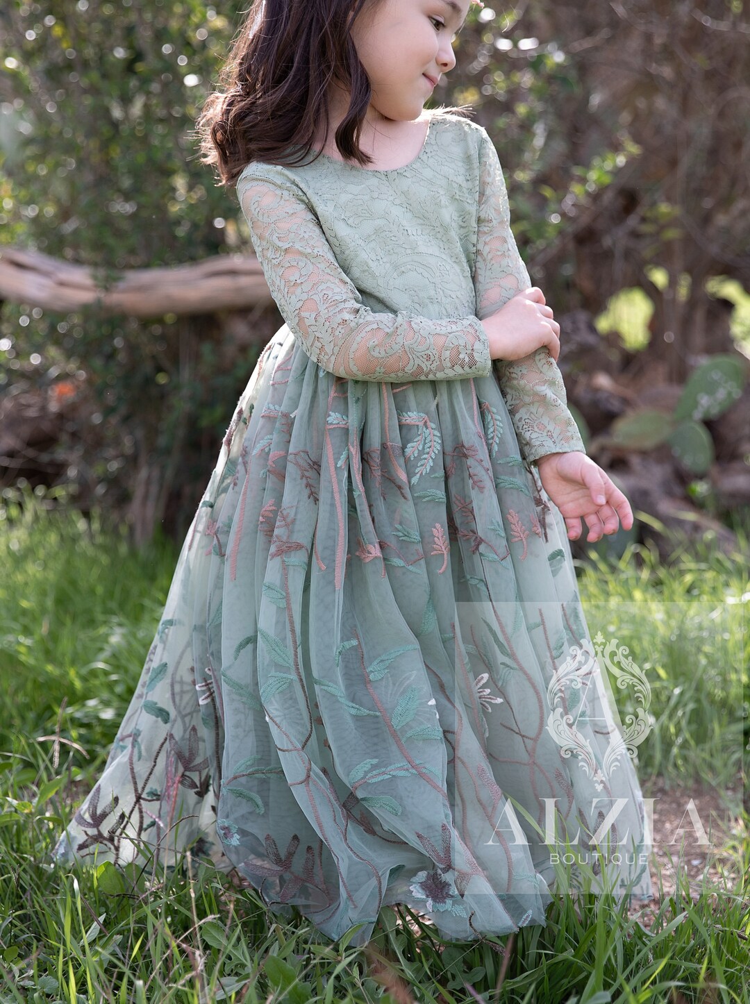 Dusty Sage Floral Embroidered Tulle Flower Girl Dress, Fall Girls Dress ...
