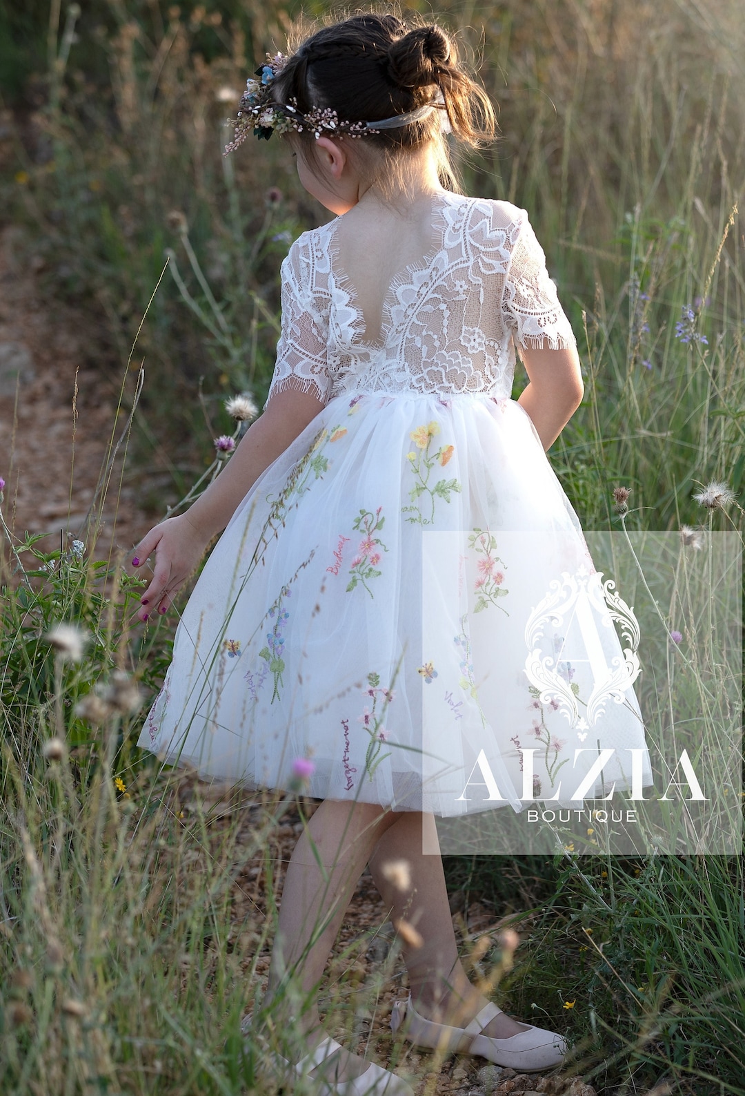 Floral Embroidered Tulle Flower Girl Dress Easter Girls Dress Spring