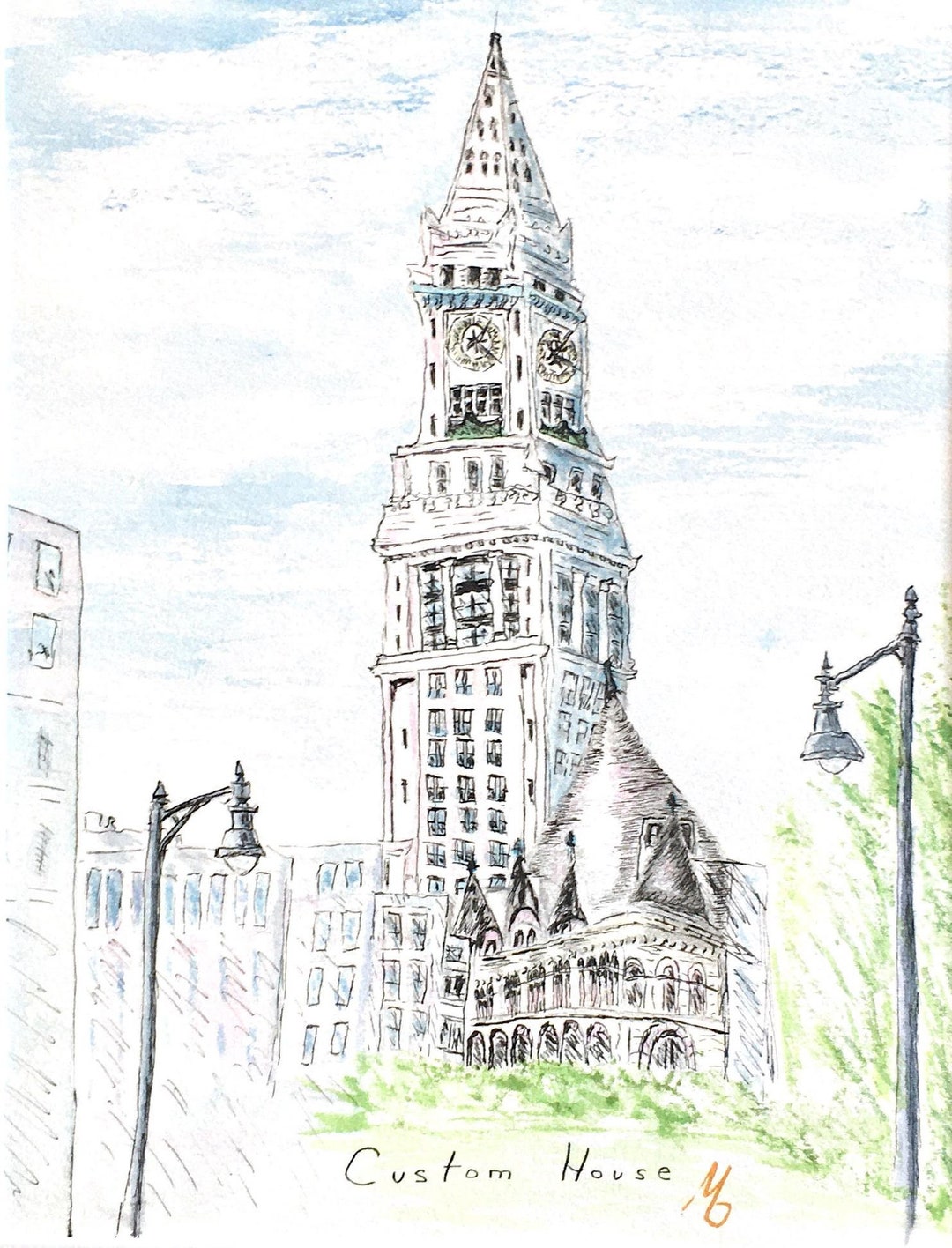 Custom House Boston Original Pen & Wash 11x14 on Hahnemuhle Art Paper ...